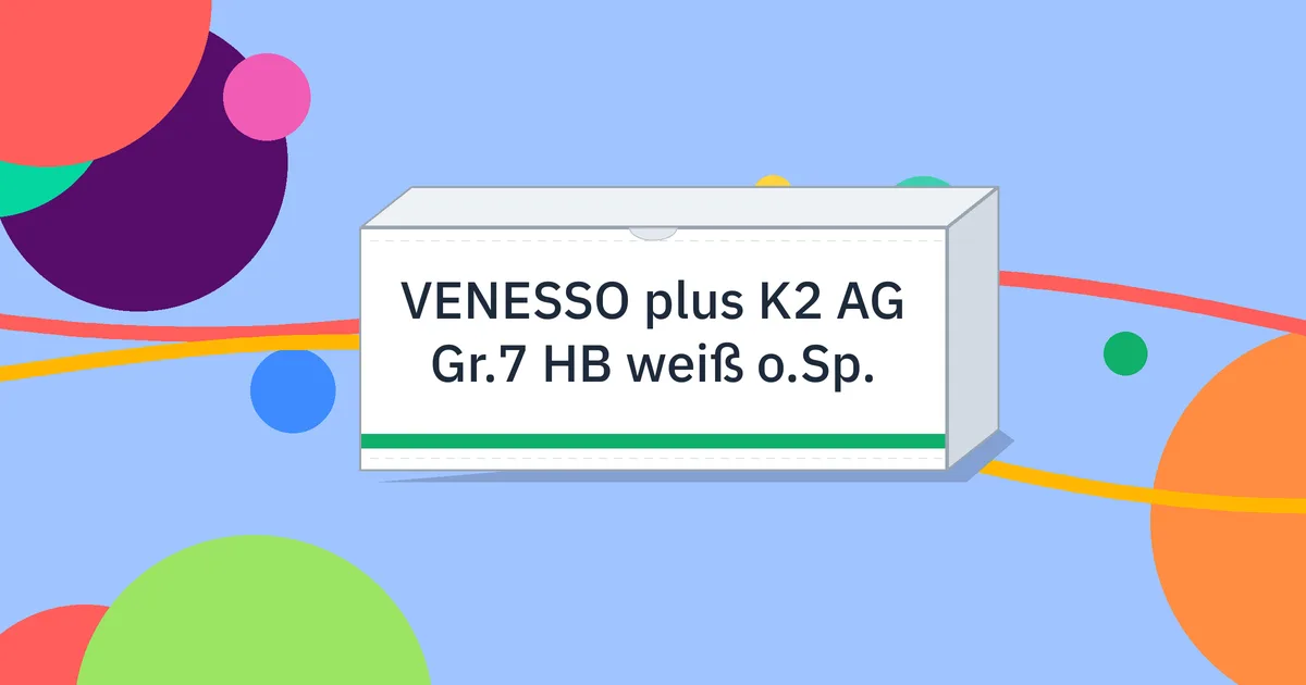Symbolbild: Packung mit der Aufschrift VENESSO plus K2 AG Gr.7 HB weiß o.Sp. (PZN 03297420) – Verfügbarkeit und Bezug in Apotheken in Frankfurt am Main