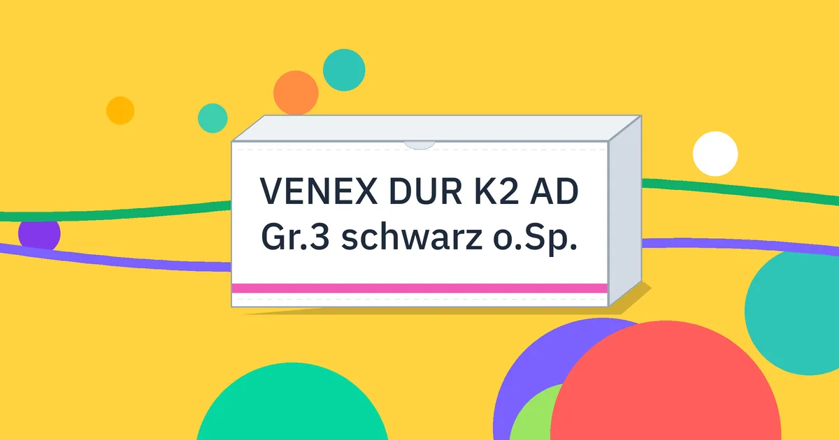 Symbolbild: Packung mit der Aufschrift VENEX DUR K2 AD Gr.3 schwarz o.Sp. (PZN 03212317) – Verfügbarkeit und Bezug in Apotheken in Frankfurt am Main