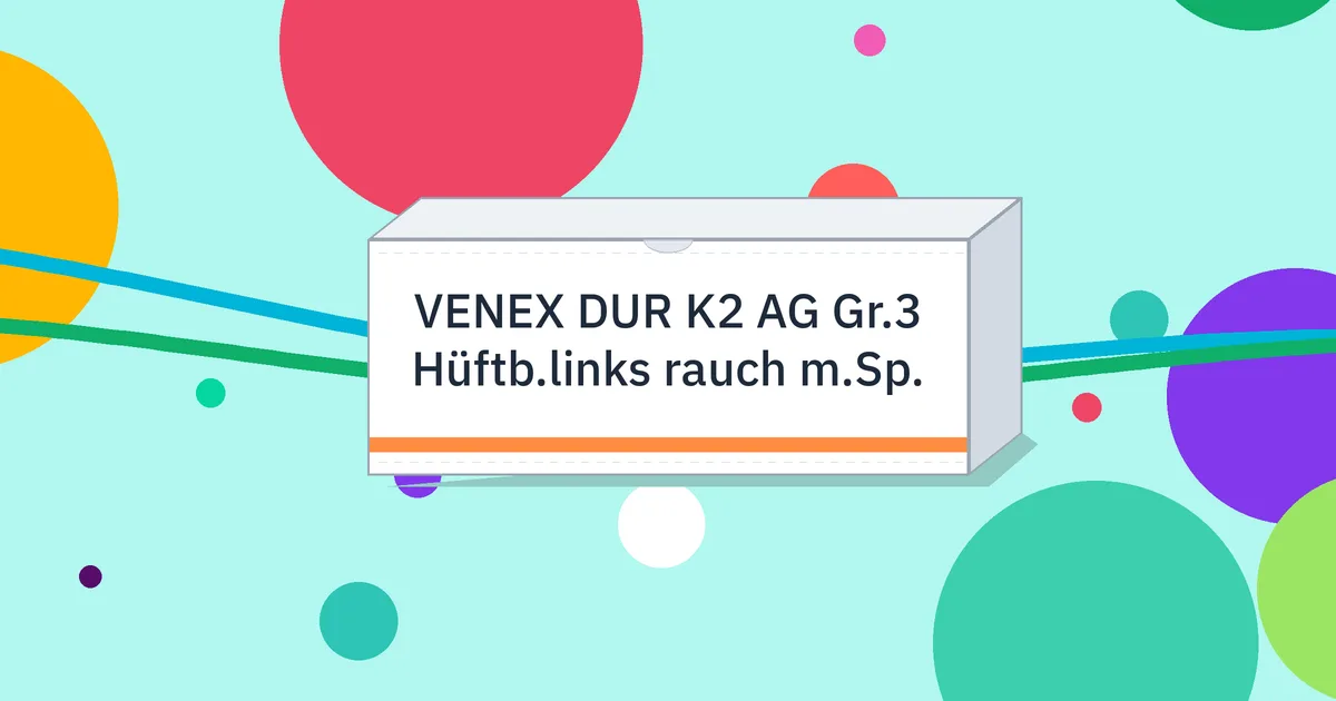 Symbolbild: Packung mit der Aufschrift VENEX DUR K2 AG Gr.3 Hüftb.links rauch m.Sp. (PZN 03225283) – Verfügbarkeit und Bezug in Apotheken in Frankfurt am Main