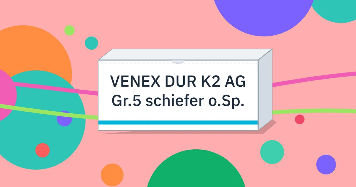 Symbolbild: Packung mit der Aufschrift VENEX DUR K2 AG Gr.5 schiefer o.Sp. (PZN 03217237) – Verfügbarkeit und Bezug in Apotheken in Frankfurt am Main