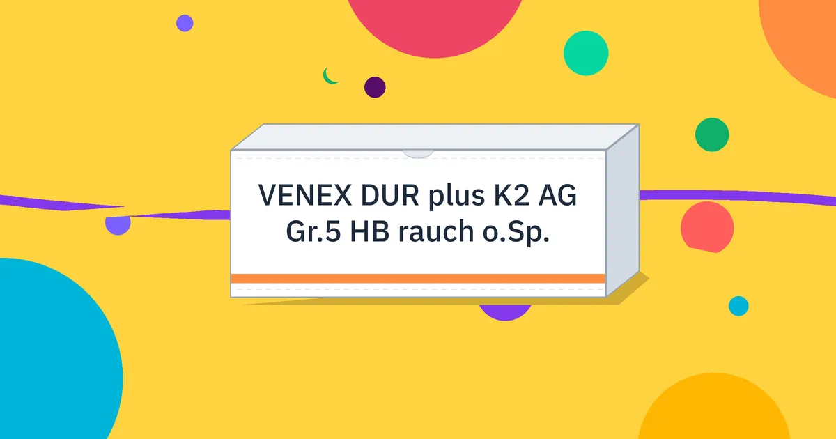 Symbolbild: Packung mit der Aufschrift VENEX DUR plus K2 AG Gr.5 HB rauch o.Sp. (PZN 03236832) – Verfügbarkeit und Bezug in Apotheken in Frankfurt am Main