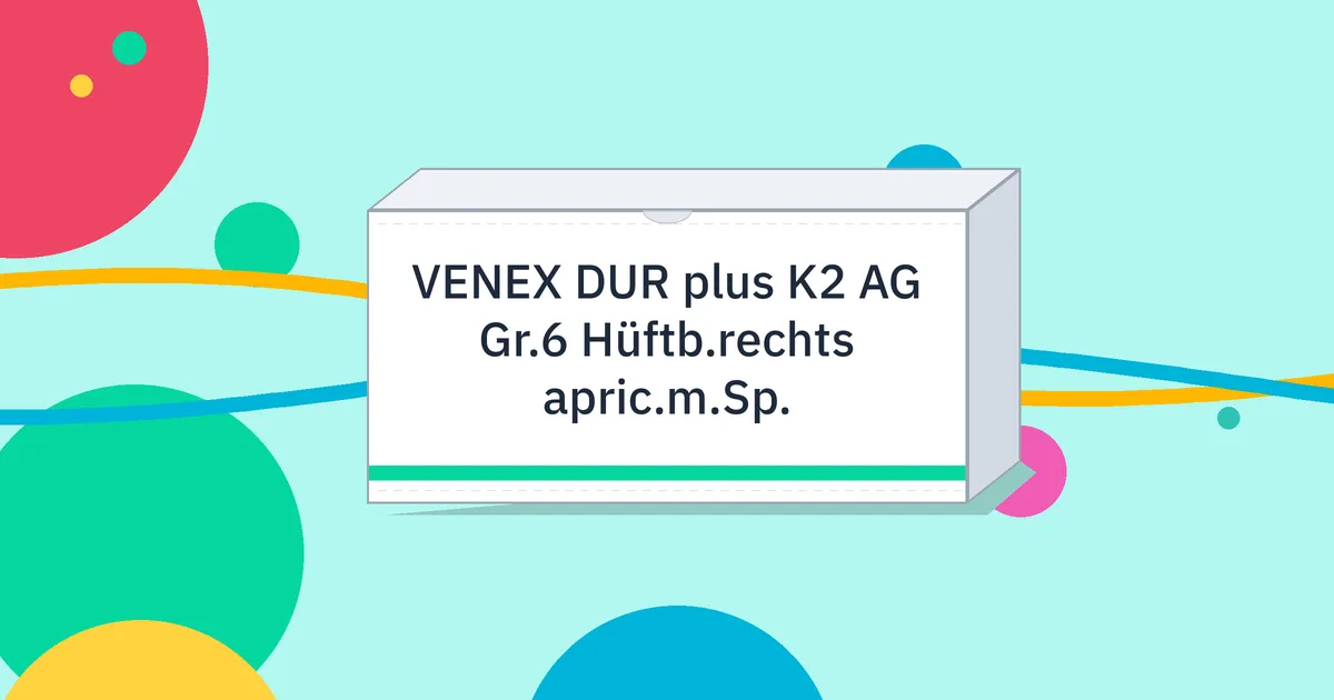 Symbolbild: Packung mit der Aufschrift VENEX DUR plus K2 AG Gr.6 Hüftb.rechts apric.m.Sp. (PZN 03238699) – Verfügbarkeit und Bezug in Apotheken in Frankfurt am Main