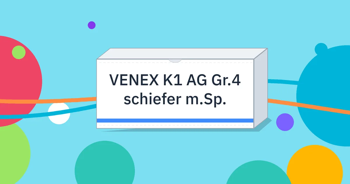Symbolbild: Packung mit der Aufschrift VENEX K1 AG Gr.4 schiefer m.Sp. (PZN 03187648) – Verfügbarkeit und Bezug in Apotheken in Frankfurt am Main