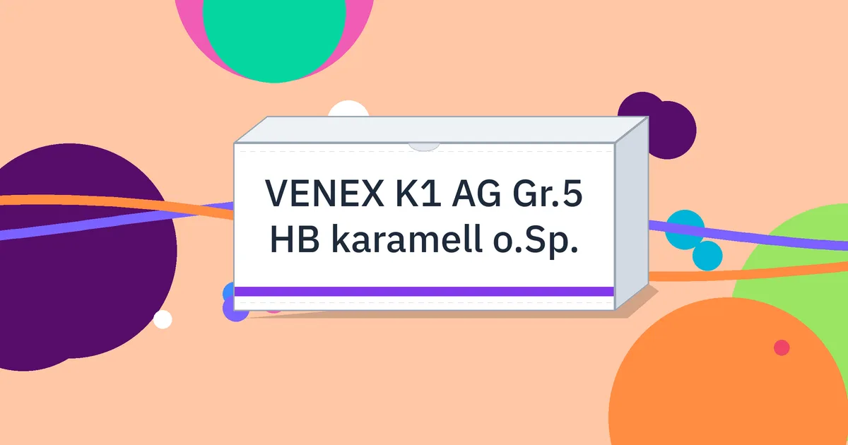 Symbolbild: Packung mit der Aufschrift VENEX K1 AG Gr.5 HB karamell o.Sp. (PZN 13757650) – Verfügbarkeit und Bezug in Apotheken in Frankfurt am Main