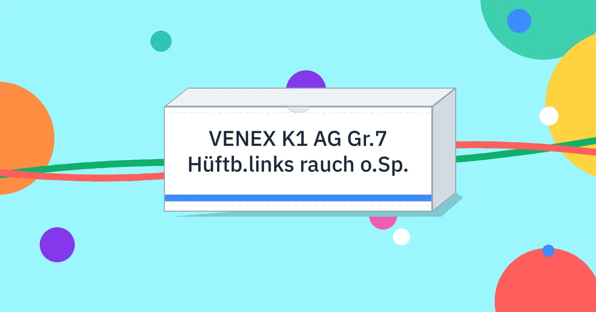 Symbolbild: Packung mit der Aufschrift VENEX K1 AG Gr.7 Hüftb.links rauch o.Sp. (PZN 03205151) – Verfügbarkeit und Bezug in Apotheken in Frankfurt am Main