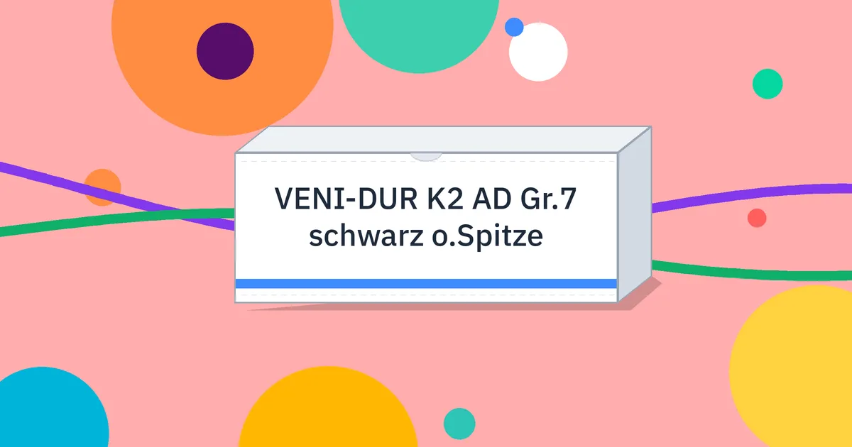 Symbolbild: Packung mit der Aufschrift VENI-DUR K2 AD Gr.7 schwarz o.Spitze (PZN 03243513) – Verfügbarkeit und Bezug in Apotheken in Frankfurt am Main