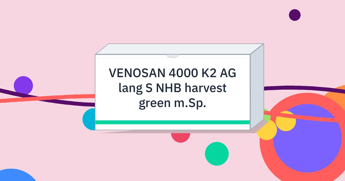 Symbolbild: Packung mit der Aufschrift VENOSAN 4000 K2 AG lang S NHB harvest green m.Sp. (PZN 18847731) – Verfügbarkeit und Bezug in Apotheken in Frankfurt am Main