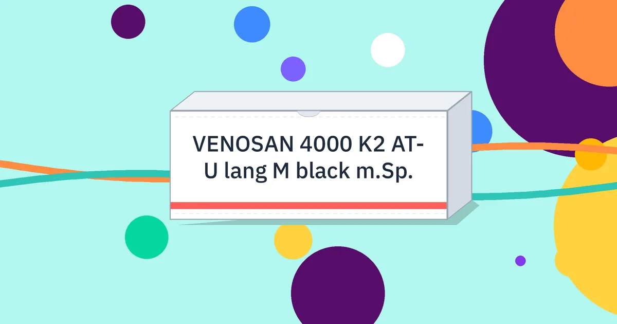 Symbolbild: Packung mit der Aufschrift VENOSAN 4000 K2 AT-U lang M black m.Sp. (PZN 14427618) – Verfügbarkeit und Bezug in Apotheken in Frankfurt am Main