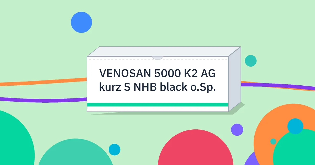 Symbolbild: Packung mit der Aufschrift VENOSAN 5000 K2 AG kurz S NHB black o.Sp. (PZN 14433754) – Verfügbarkeit und Bezug in Apotheken in Frankfurt am Main