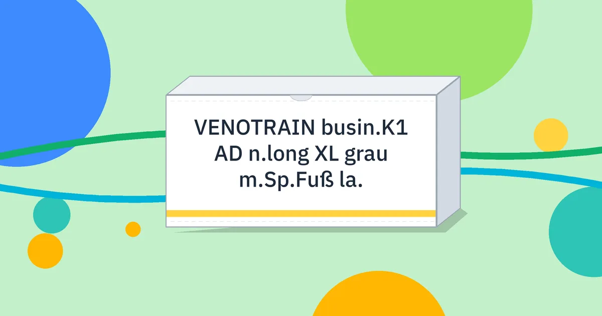 Symbolbild: Packung mit der Aufschrift VENOTRAIN busin.K1 AD n.long XL grau m.Sp.Fuß la. (PZN 19056434) – Verfügbarkeit und Bezug in Apotheken in Frankfurt am Main