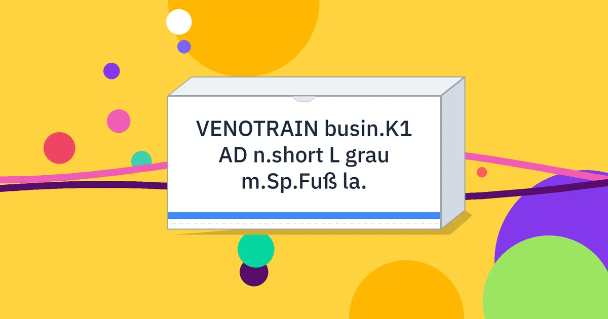 Symbolbild: Packung mit der Aufschrift VENOTRAIN busin.K1 AD n.short L grau m.Sp.Fuß la. (PZN 19056380) – Verfügbarkeit und Bezug in Apotheken in Frankfurt am Main