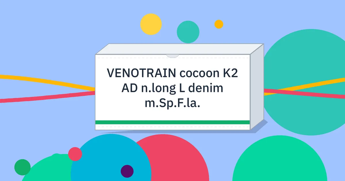 Symbolbild: Packung mit der Aufschrift VENOTRAIN cocoon K2 AD n.long L denim m.Sp.F.la. (PZN 19199174) – Verfügbarkeit und Bezug in Apotheken in Frankfurt am Main