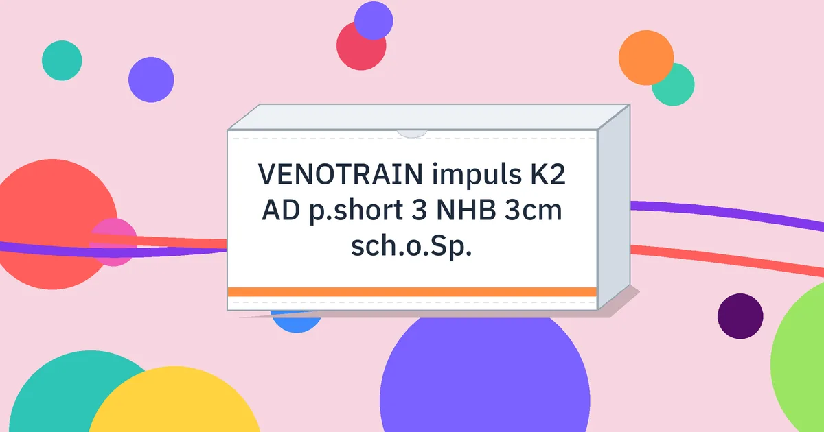 Symbolbild: Packung mit der Aufschrift VENOTRAIN impuls K2 AD p.short 3 NHB 3cm sch.o.Sp. (PZN 00653883) – Verfügbarkeit und Bezug in Apotheken in Frankfurt am Main