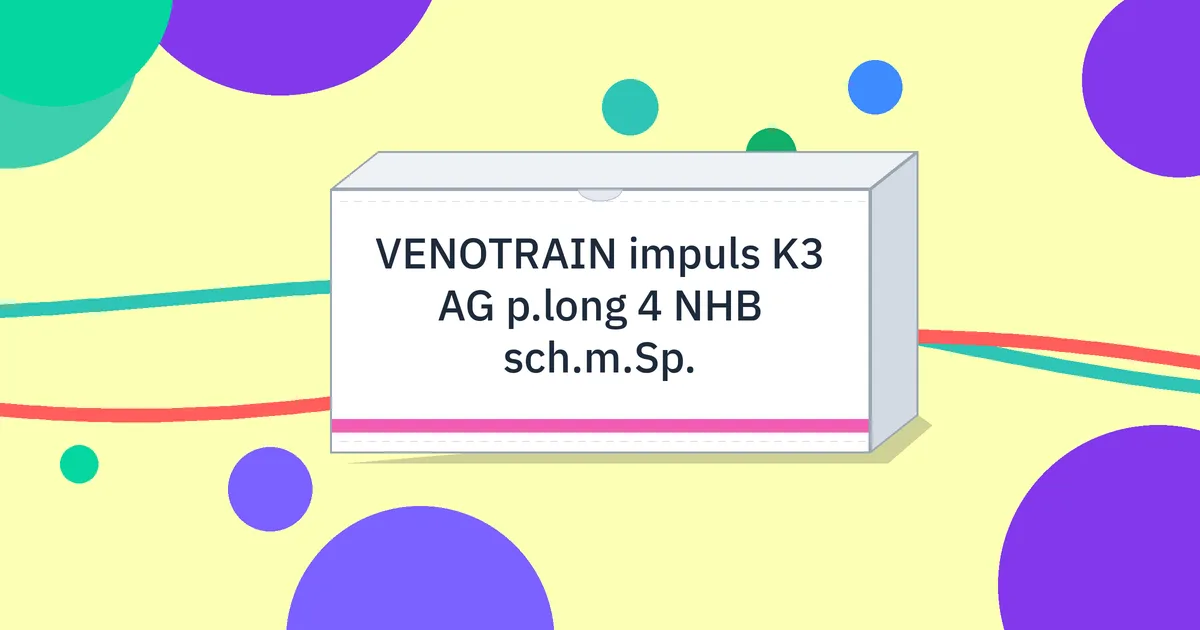 Symbolbild: Packung mit der Aufschrift VENOTRAIN impuls K3 AG p.long 4 NHB sch.m.Sp. (PZN 00535942) – Verfügbarkeit und Bezug in Apotheken in Frankfurt am Main