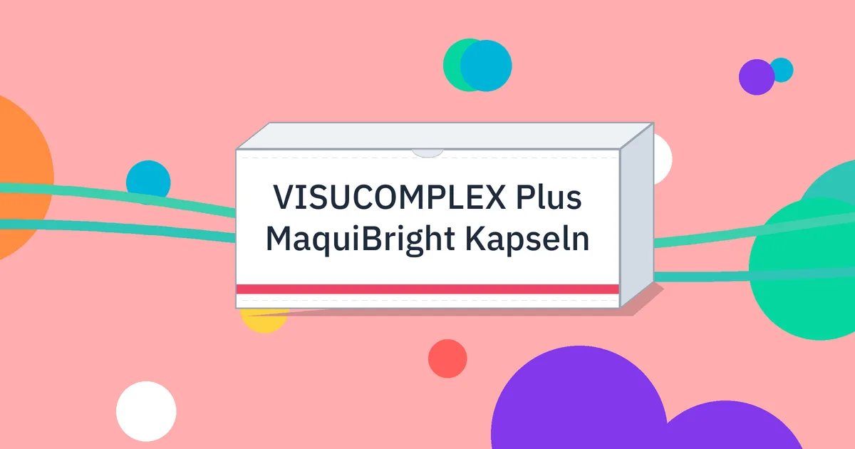 Symbolbild: Packung mit der Aufschrift VISUCOMPLEX Plus MaquiBright Kapseln (PZN 16568263) – Verfügbarkeit und Bezug in Apotheken in Frankfurt am Main