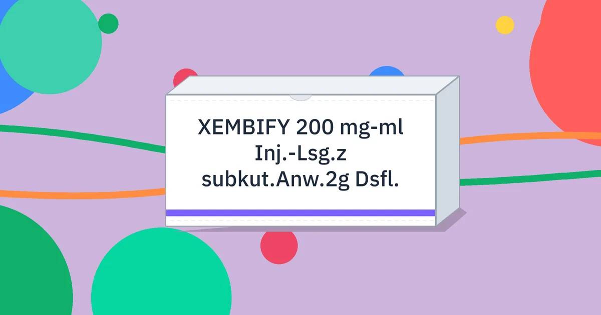 Symbolbild: Packung mit der Aufschrift XEMBIFY 200 mg-ml Inj.-Lsg.z subkut.Anw.2g Dsfl. (PZN 17992253) – Verfügbarkeit und Bezug in Apotheken in Frankfurt am Main