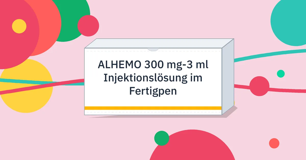 Symbolbild: Packung mit der Aufschrift ALHEMO 300 mg-3 ml Injektionslösung im Fertigpen (PZN 19168222) – Verfügbarkeit und Bezug in Apotheken in Frankfurt am Main