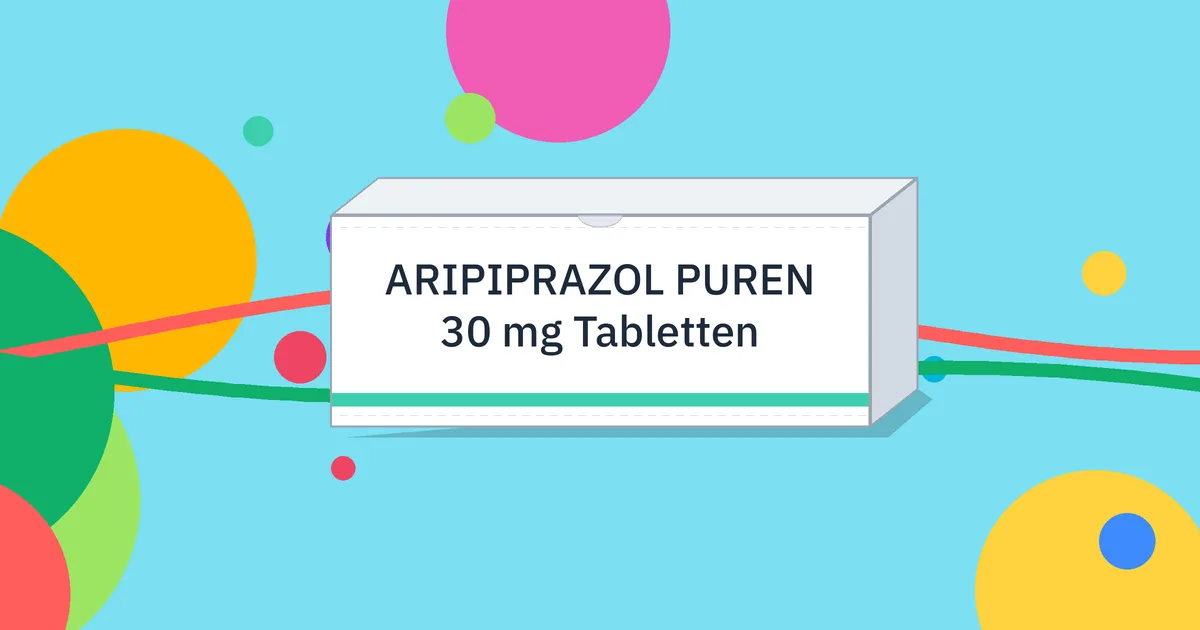Symbolbild: Packung mit der Aufschrift ARIPIPRAZOL PUREN 30 mg Tabletten (PZN 10319174) – Verfügbarkeit und Bezug in Apotheken in Frankfurt am Main
