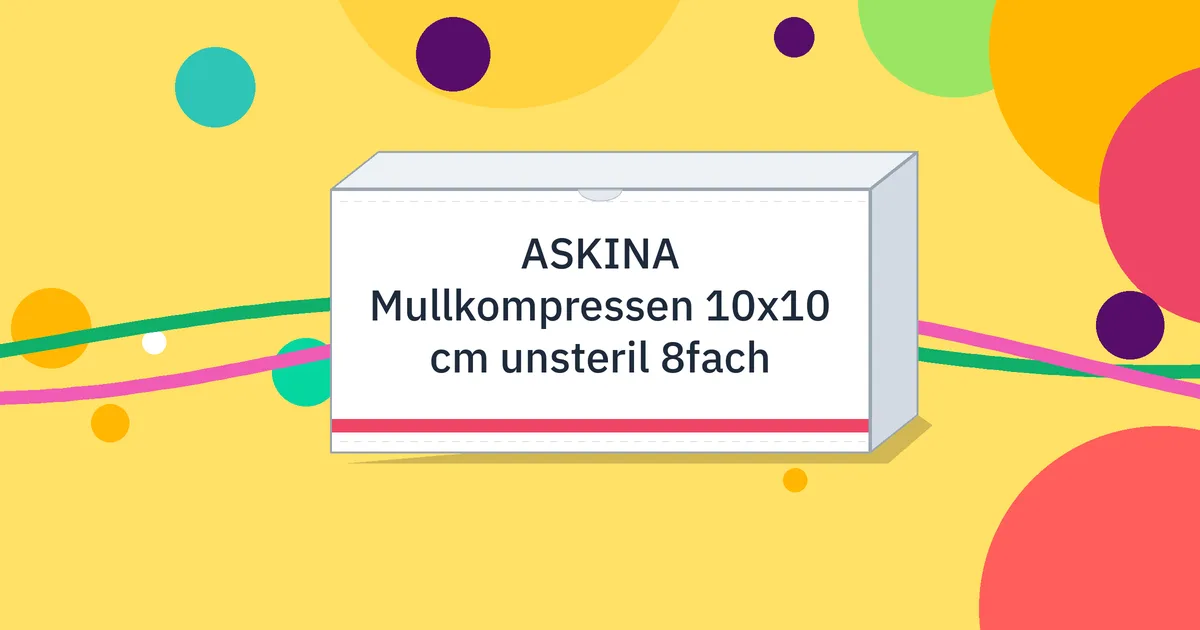 Symbolbild: Packung mit der Aufschrift ASKINA Mullkompressen 10x10 cm unsteril 8fach (PZN 12735646) – Verfügbarkeit und Bezug in Apotheken in Frankfurt am Main