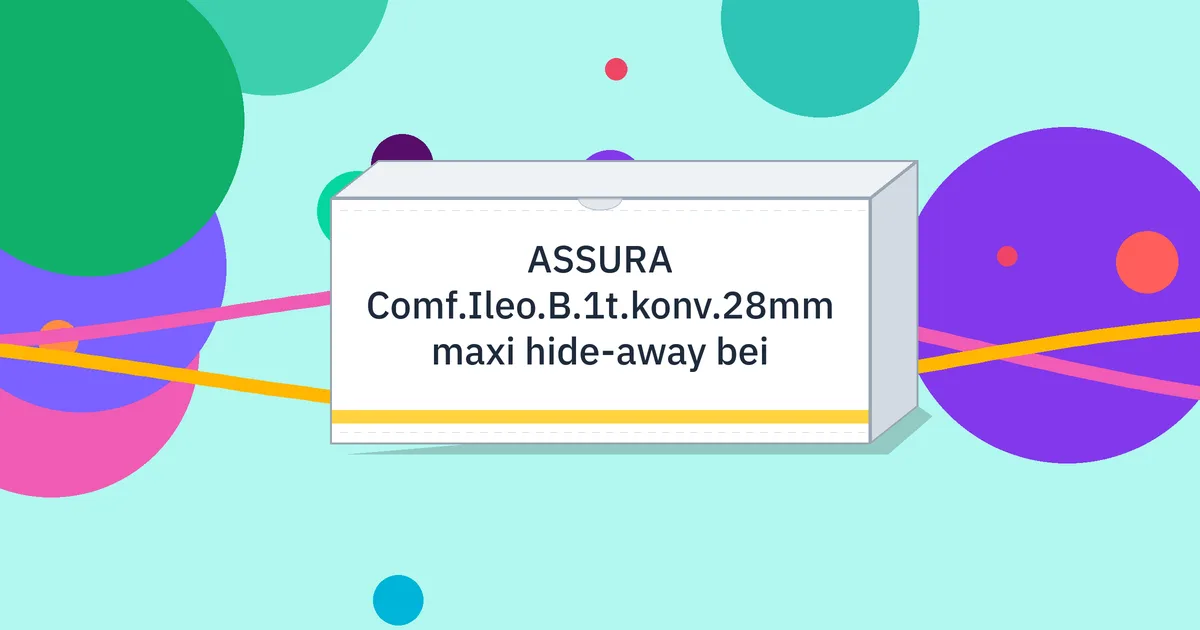 Symbolbild: Packung mit der Aufschrift ASSURA Comf.Ileo.B.1t.konv.28mm maxi hide-away bei (PZN 01691087) – Verfügbarkeit und Bezug in Apotheken in Frankfurt am Main