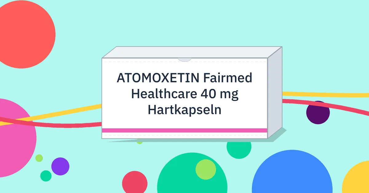 Symbolbild: Packung mit der Aufschrift ATOMOXETIN Fairmed Healthcare 40 mg Hartkapseln (PZN 16581513) – Verfügbarkeit und Bezug in Apotheken in Frankfurt am Main