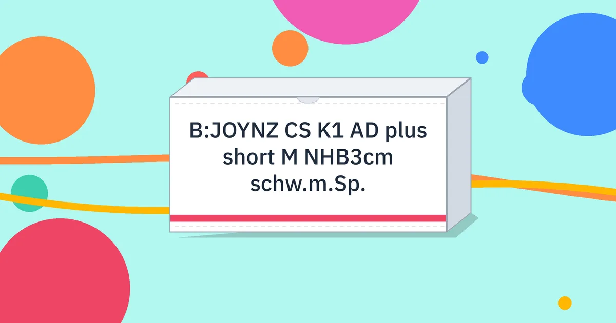 Symbolbild: Packung mit der Aufschrift B:JOYNZ CS K1 AD plus short M NHB3cm schw.m.Sp. (PZN 20529263) – Verfügbarkeit und Bezug in Apotheken in Frankfurt am Main