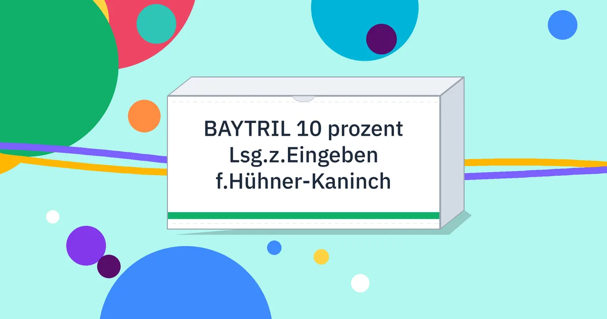 Symbolbild: Packung mit der Aufschrift BAYTRIL 10 prozent Lsg.z.Eingeben f.Hühner-Kaninch (PZN 05978986) – Verfügbarkeit und Bezug in Apotheken in Frankfurt am Main
