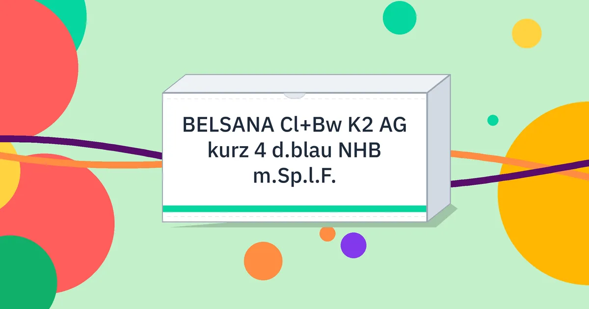 Symbolbild: Packung mit der Aufschrift BELSANA Cl+Bw K2 AG kurz 4 d.blau NHB m.Sp.l.F. (PZN 15627331) – Verfügbarkeit und Bezug in Apotheken in Frankfurt am Main