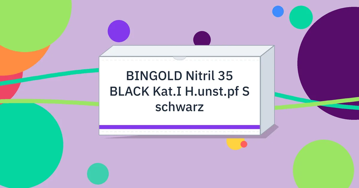 Symbolbild: Packung mit der Aufschrift BINGOLD Nitril 35 BLACK Kat.I H.unst.pf S schwarz (PZN 19472428) – Verfügbarkeit und Bezug in Apotheken in Frankfurt am Main