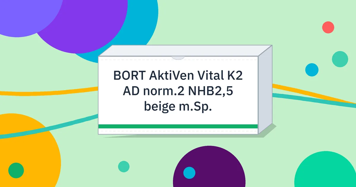 Symbolbild: Packung mit der Aufschrift BORT AktiVen Vital K2 AD norm.2 NHB2,5 beige m.Sp. (PZN 17499067) – Verfügbarkeit und Bezug in Apotheken in Frankfurt am Main