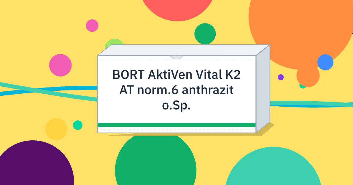 Symbolbild: Packung mit der Aufschrift BORT AktiVen Vital K2 AT norm.6 anthrazit o.Sp. (PZN 13743091) – Verfügbarkeit und Bezug in Apotheken in Frankfurt am Main