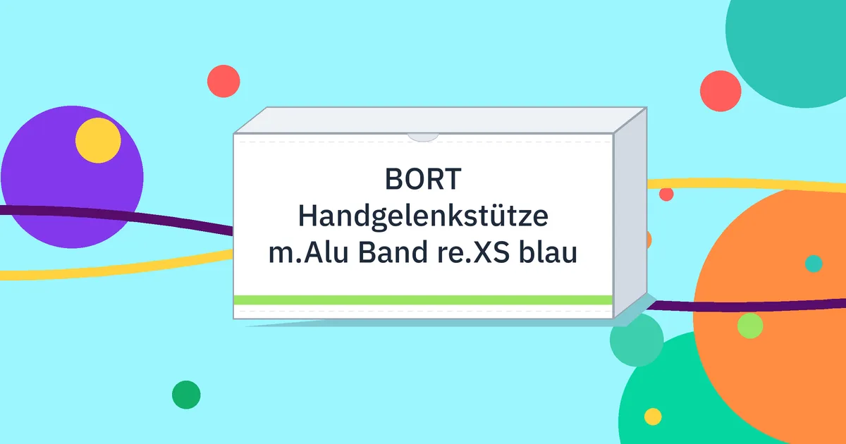 Symbolbild: Packung mit der Aufschrift BORT Handgelenkstütze m.Alu Band re.XS blau (PZN 04125307) – Verfügbarkeit und Bezug in Apotheken in Frankfurt am Main