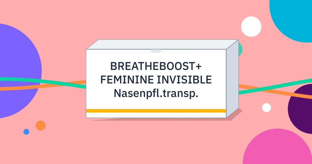 Symbolbild: Packung mit der Aufschrift BREATHEBOOST+ FEMININE INVISIBLE Nasenpfl.transp. (PZN 19480563) – Verfügbarkeit und Bezug in Apotheken in Frankfurt am Main