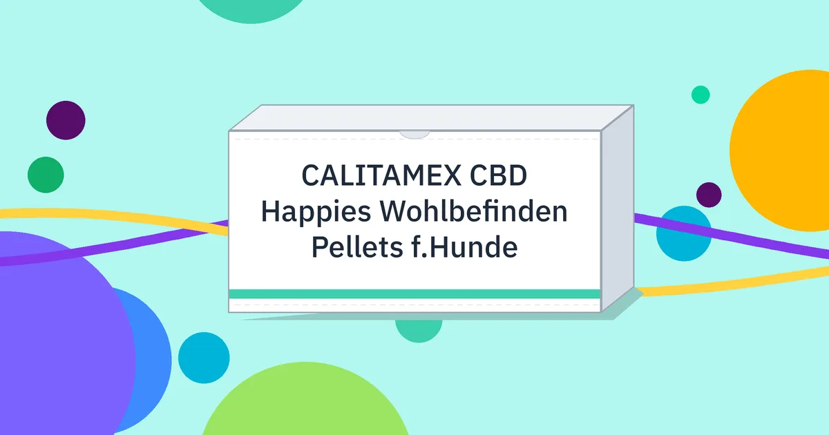 Symbolbild: Packung mit der Aufschrift CALITAMEX CBD Happies Wohlbefinden Pellets f.Hunde (PZN 19649140) – Verfügbarkeit und Bezug in Apotheken in Frankfurt am Main