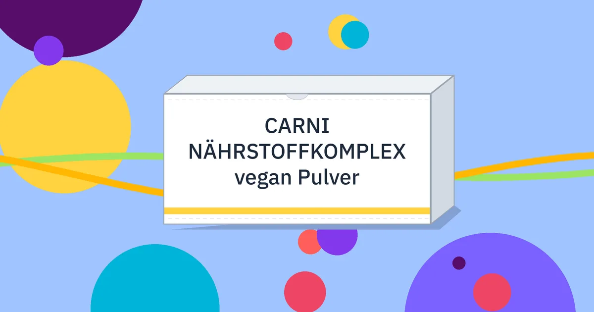 Symbolbild: Packung mit der Aufschrift CARNI NÄHRSTOFFKOMPLEX vegan Pulver (PZN 20385723) – Verfügbarkeit und Bezug in Apotheken in Frankfurt am Main