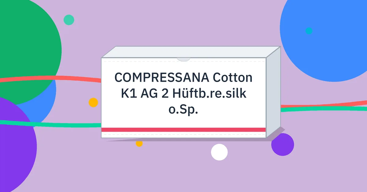 Symbolbild: Packung mit der Aufschrift COMPRESSANA Cotton K1 AG 2 Hüftb.re.silk o.Sp. (PZN 12980386) – Verfügbarkeit und Bezug in Apotheken in Frankfurt am Main