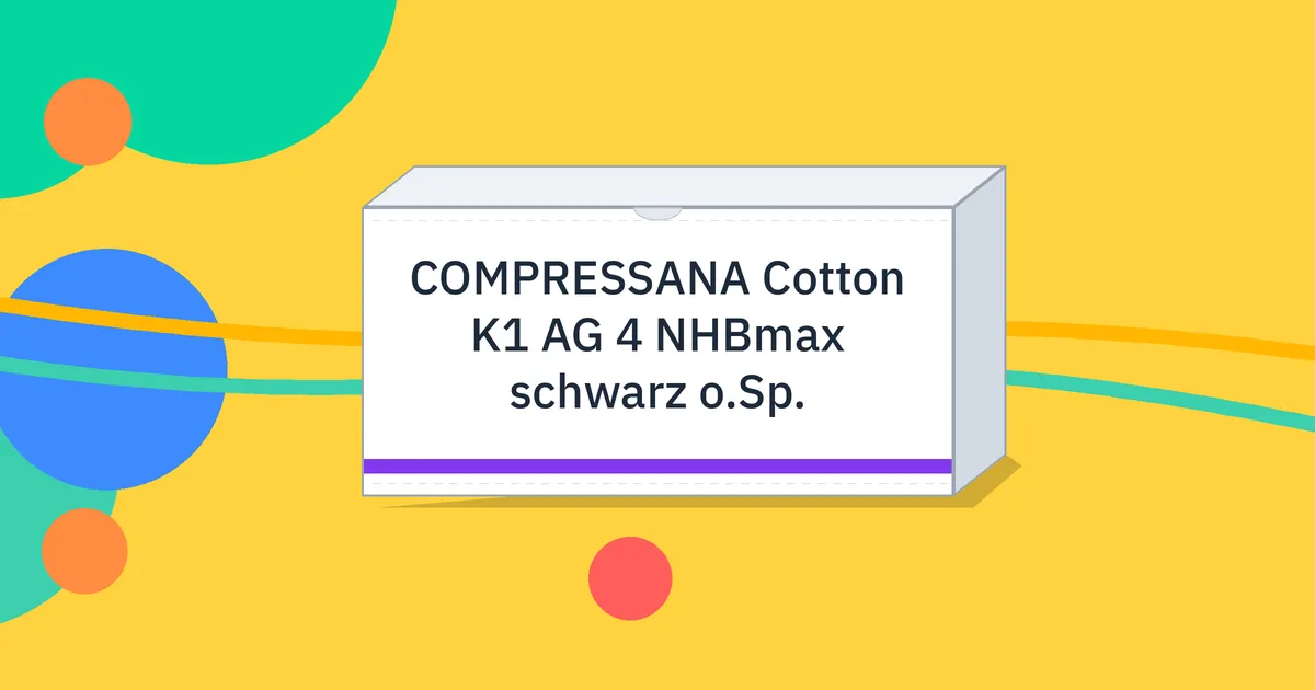 Symbolbild: Packung mit der Aufschrift COMPRESSANA Cotton K1 AG 4 NHBmax schwarz o.Sp. (PZN 11393296) – Verfügbarkeit und Bezug in Apotheken in Frankfurt am Main