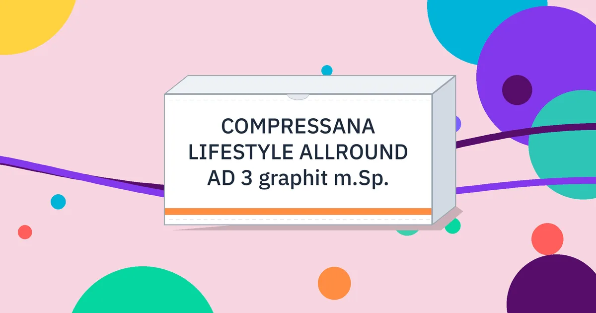 Symbolbild: Packung mit der Aufschrift COMPRESSANA LIFESTYLE ALLROUND AD 3 graphit m.Sp. (PZN 18367244) – Verfügbarkeit und Bezug in Apotheken in Frankfurt am Main