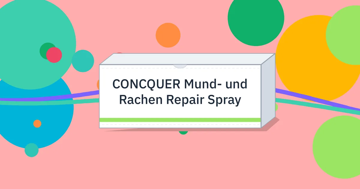 Symbolbild: Packung mit der Aufschrift CONCQUER Mund- und Rachen Repair Spray (PZN 17292679) – Verfügbarkeit und Bezug in Apotheken in Frankfurt am Main