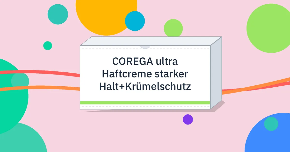 Symbolbild: Packung mit der Aufschrift COREGA ultra Haftcreme starker Halt+Krümelschutz (PZN 19283992) – Verfügbarkeit und Bezug in Apotheken in Frankfurt am Main