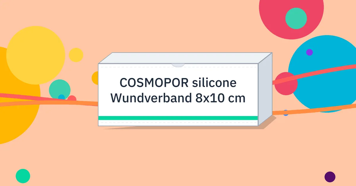 Symbolbild: Packung mit der Aufschrift COSMOPOR silicone Wundverband 8x10 cm (PZN 18729836) – Verfügbarkeit und Bezug in Apotheken in Frankfurt am Main