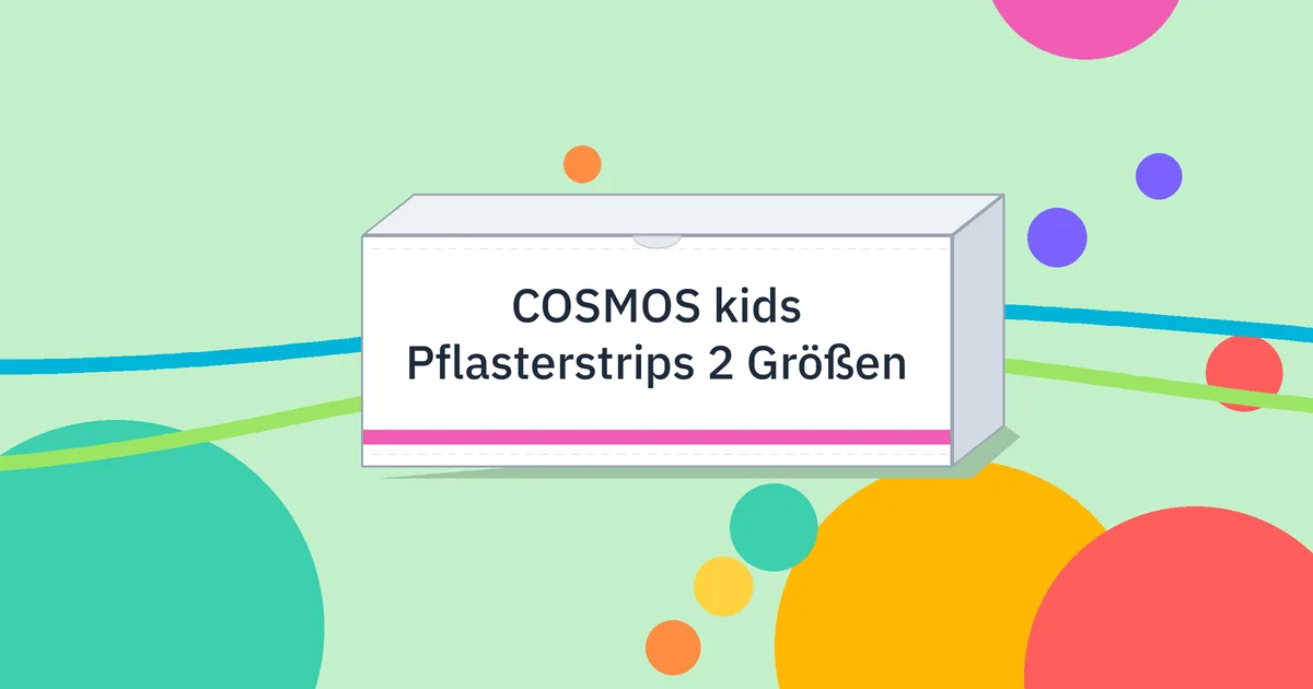 Symbolbild: Packung mit der Aufschrift COSMOS kids Pflasterstrips 2 Größen (PZN 16823169) – Verfügbarkeit und Bezug in Apotheken in Frankfurt am Main