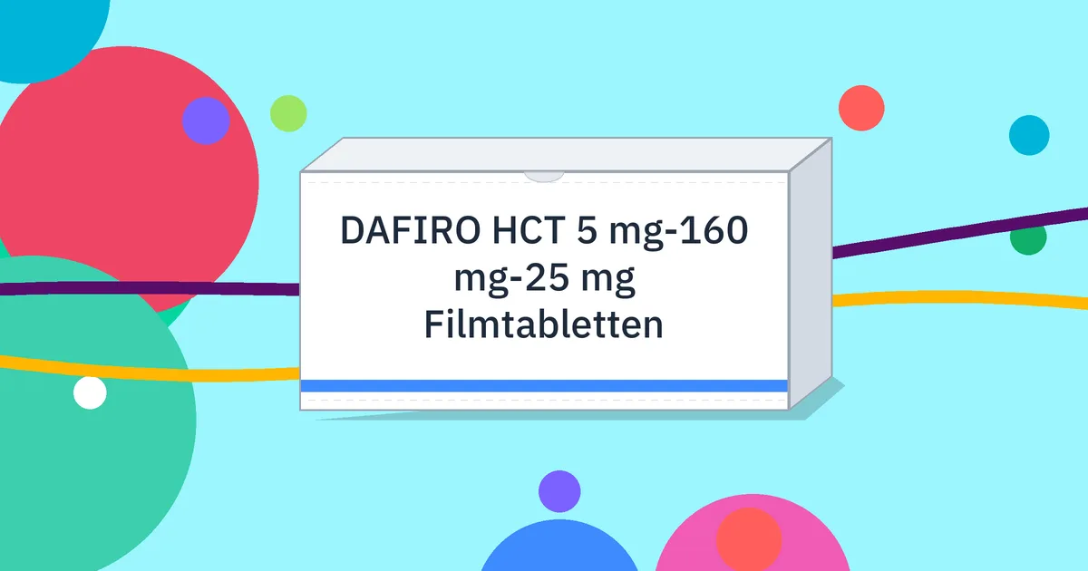 Symbolbild: Packung mit der Aufschrift DAFIRO HCT 5 mg-160 mg-25 mg Filmtabletten (PZN 11046933) – Verfügbarkeit und Bezug in Apotheken in Frankfurt am Main