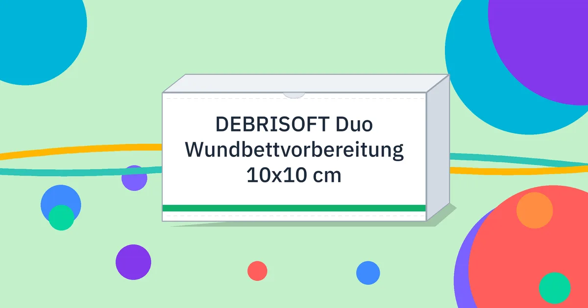 Symbolbild: Packung mit der Aufschrift DEBRISOFT Duo Wundbettvorbereitung 10x10 cm (PZN 06424600) – Verfügbarkeit und Bezug in Apotheken in Frankfurt am Main