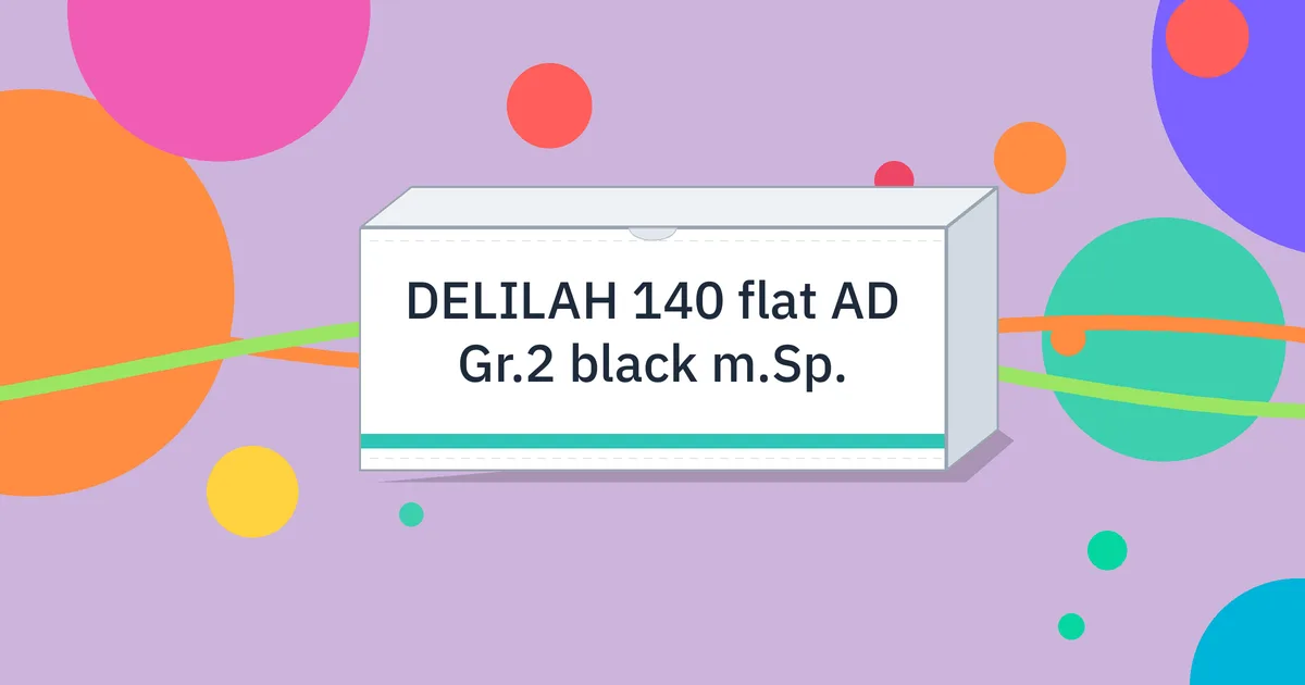 Symbolbild: Packung mit der Aufschrift DELILAH 140 flat AD Gr.2 black m.Sp. (PZN 14246963) – Verfügbarkeit und Bezug in Apotheken in Frankfurt am Main