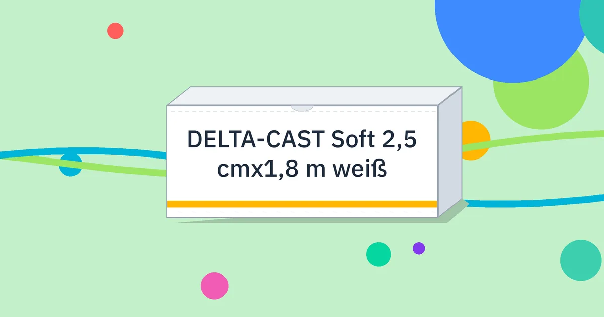 Symbolbild: Packung mit der Aufschrift DELTA-CAST Soft 2,5 cmx1,8 m weiß (PZN 09275709) – Verfügbarkeit und Bezug in Apotheken in Frankfurt am Main