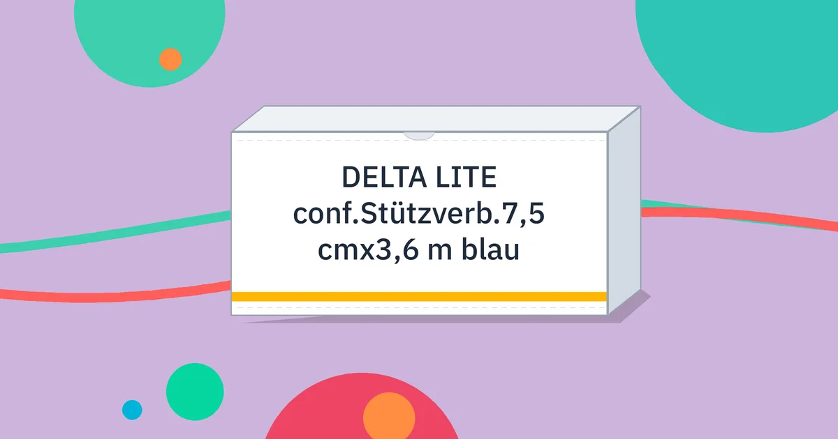 Symbolbild: Packung mit der Aufschrift DELTA LITE conf.Stützverb.7,5 cmx3,6 m blau (PZN 04252744) – Verfügbarkeit und Bezug in Apotheken in Frankfurt am Main
