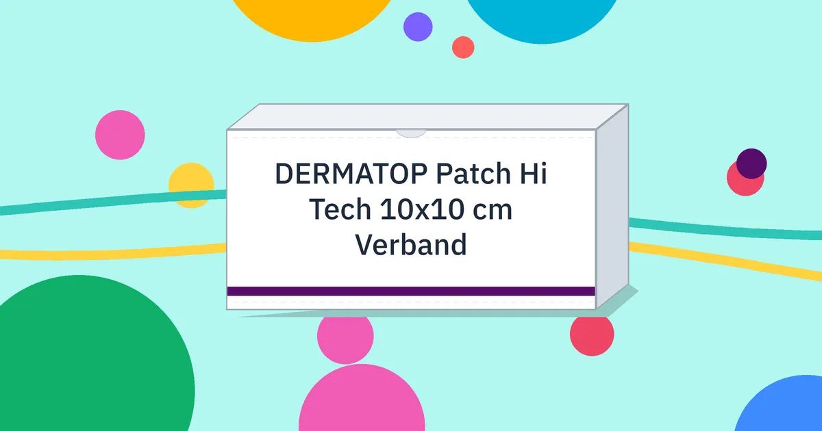 Symbolbild: Packung mit der Aufschrift DERMATOP Patch Hi Tech 10x10 cm Verband (PZN 19999615) – Verfügbarkeit und Bezug in Apotheken in Frankfurt am Main