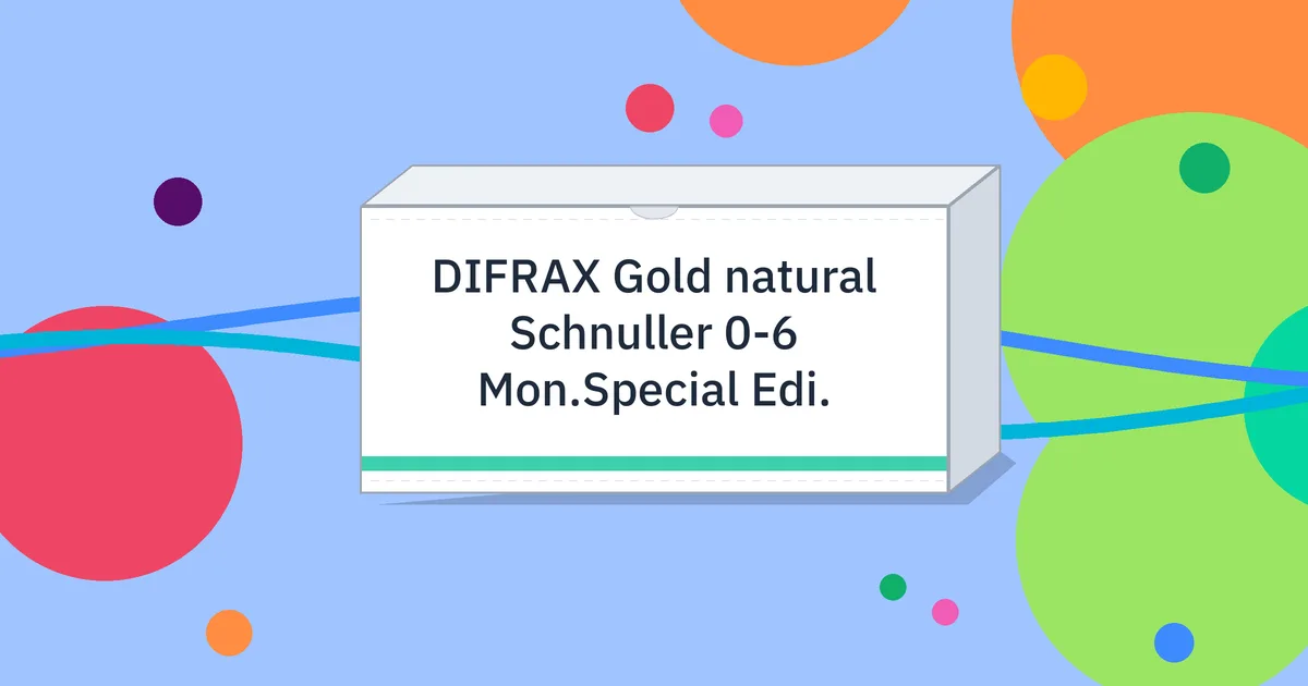 Symbolbild: Packung mit der Aufschrift DIFRAX Gold natural Schnuller 0-6 Mon.Special Edi. (PZN 12731967) – Verfügbarkeit und Bezug in Apotheken in Frankfurt am Main