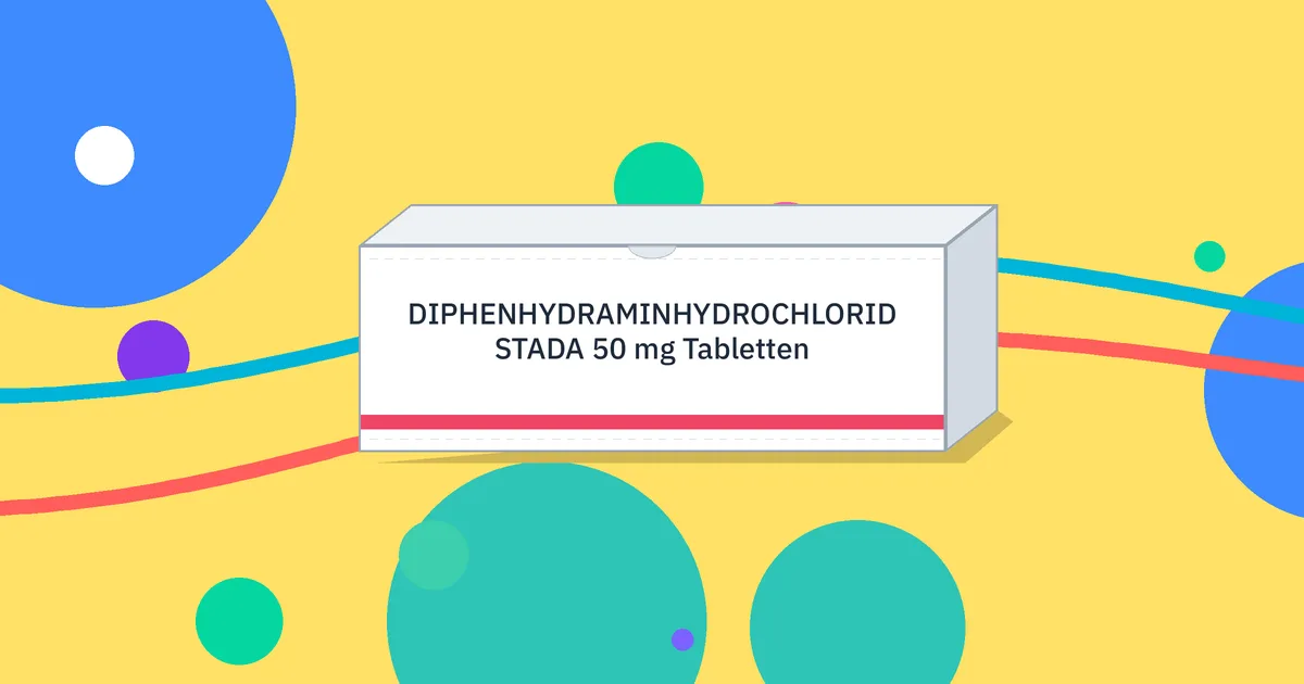 Symbolbild: Packung mit der Aufschrift DIPHENHYDRAMINHYDROCHLORID STADA 50 mg Tabletten (PZN 17542797) – Verfügbarkeit und Bezug in Apotheken in Frankfurt am Main